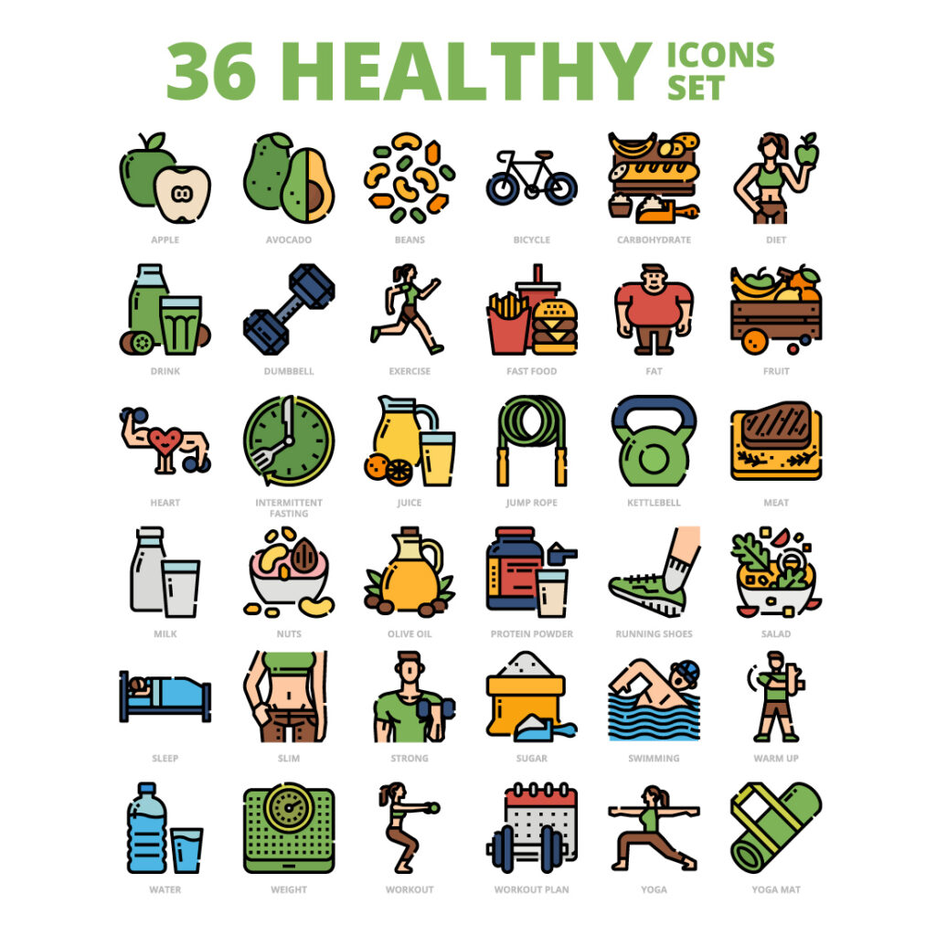 36 Healthy Icons Set x 4 Styles - MasterBundles