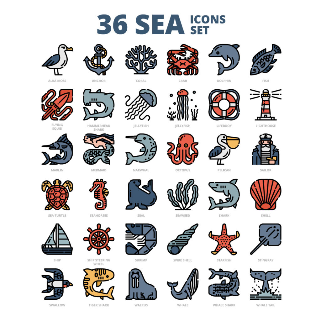 36 Sea Icons Set x 4 Styles - MasterBundles