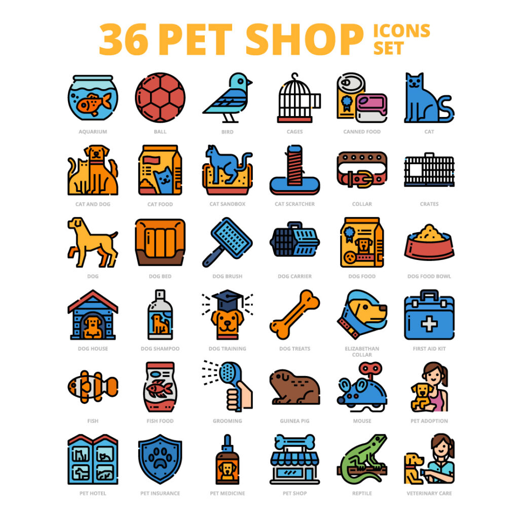 36 Pet Shop Icons Set x 4 Styles - MasterBundles