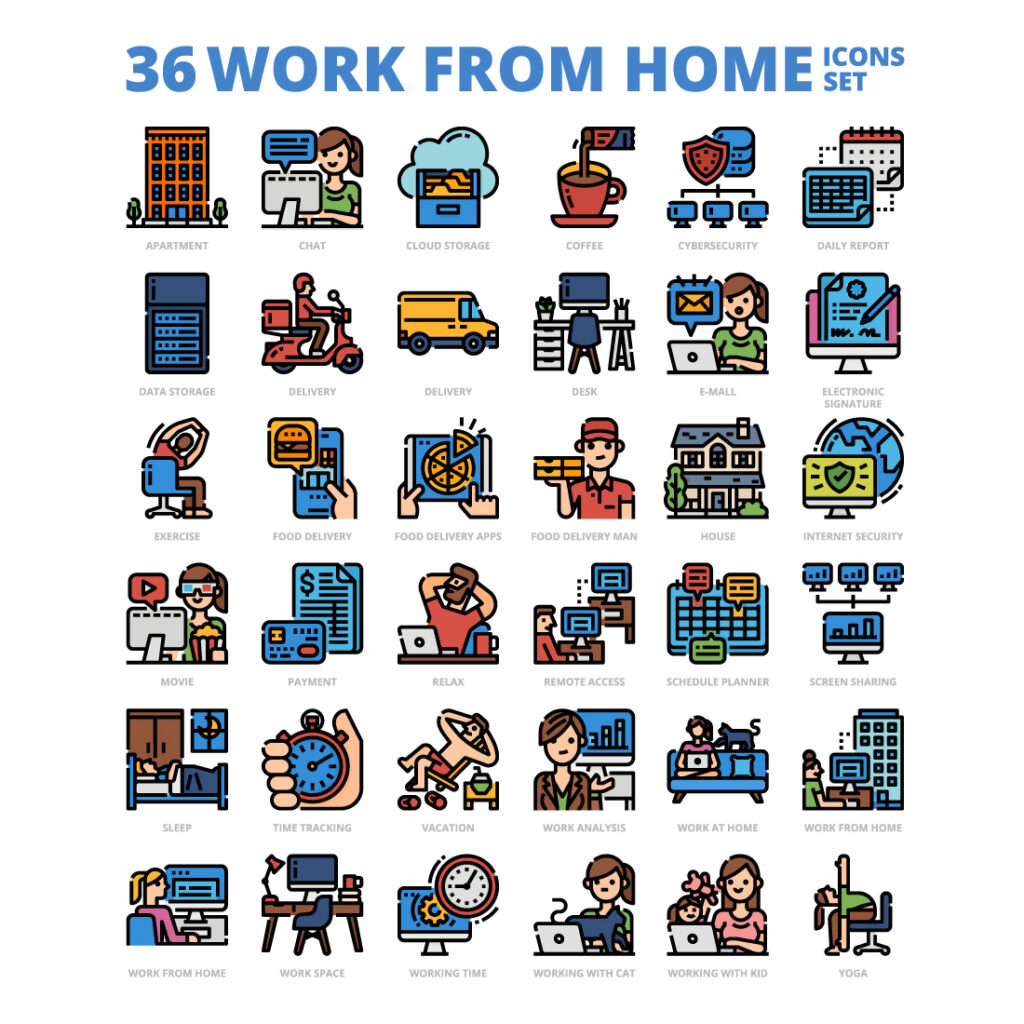 36 Work From Home Icons Set x 4 Styles - MasterBundles