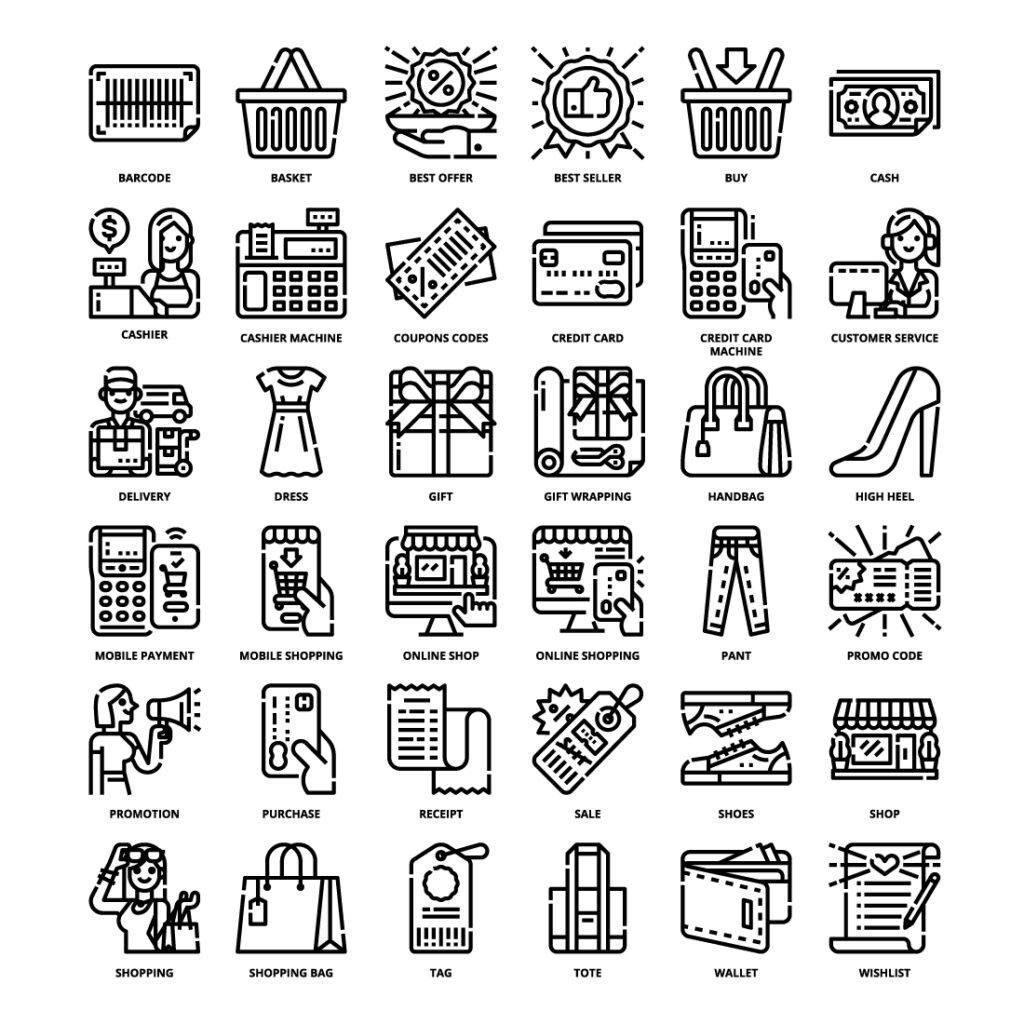 36 Shopping Icons Set x 4 Styles - MasterBundles