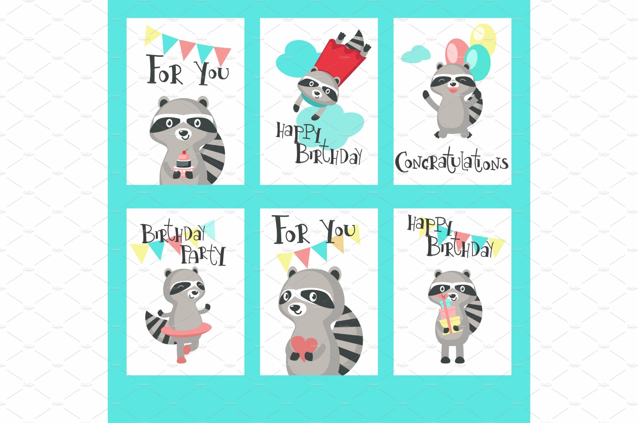 Raccoon birthday cards vector – MasterBundles