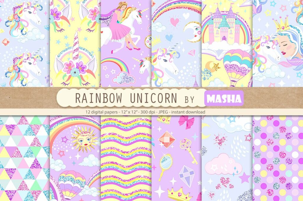 RAINBOW UNICORN digital papers – MasterBundles