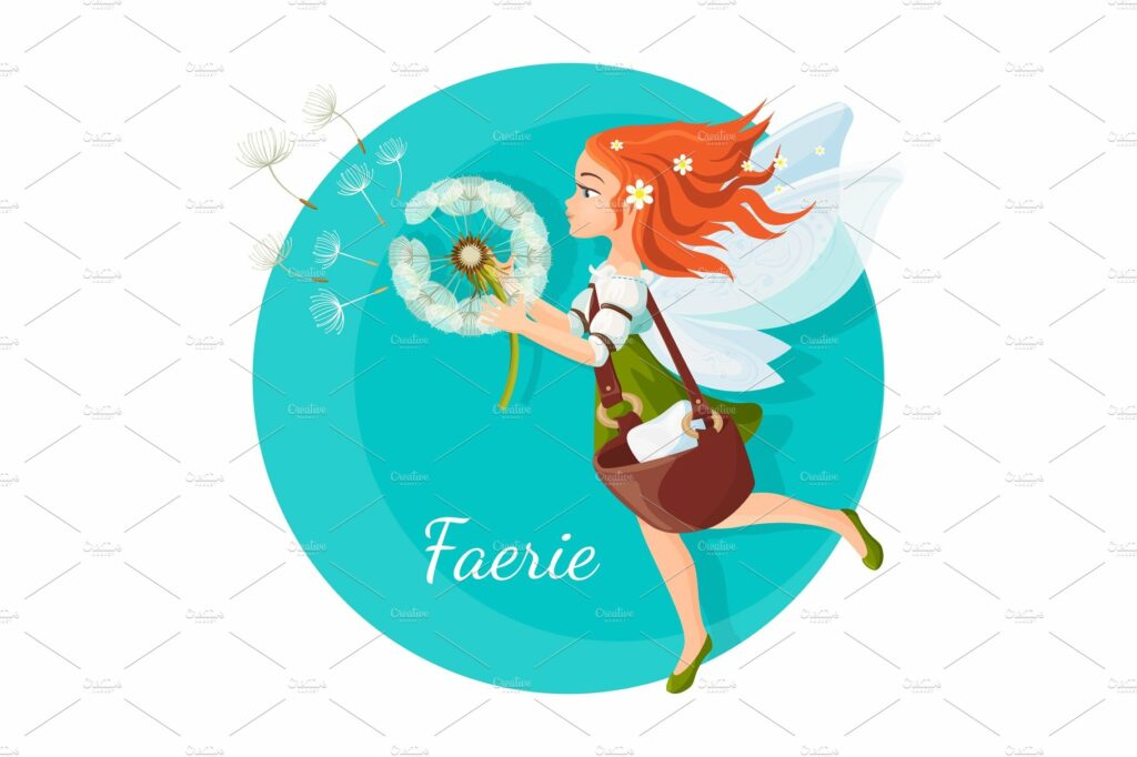 Redhead faerie with transparent wings holds dandelion logo – MasterBundles