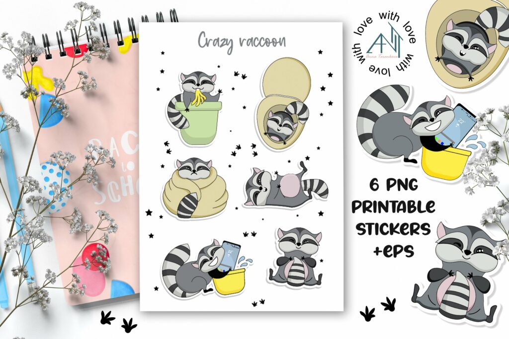 Funny Racoon sticker sheet – MasterBundles