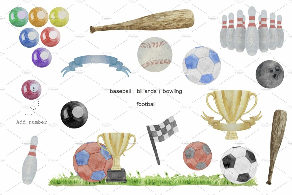 Watercolor Sport Equipment Clipart – MasterBundles