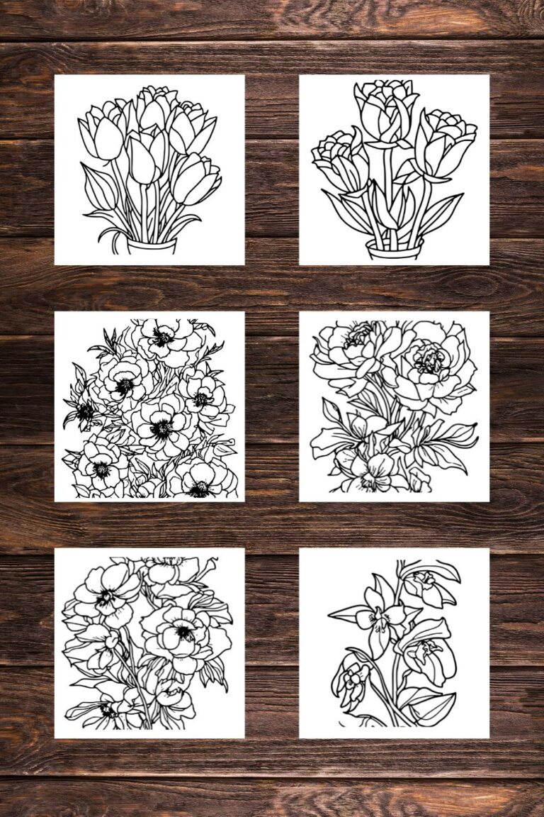 6 Flower Drawing Floral Coloring Pages For Adults (SVG and PNG). Use ...