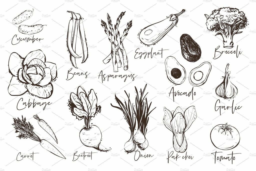 Outline Vegetables Set + Pattens – MasterBundles