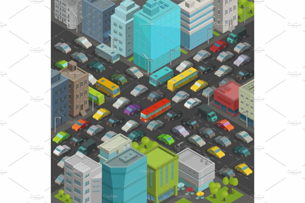 City street Intersection traffic jams road Isometric projection view. A ...