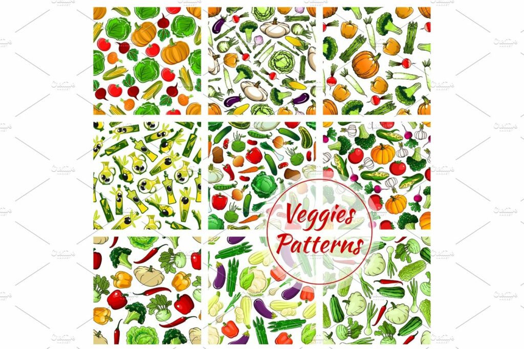 Veggies vegetables seamless patterns set – MasterBundles