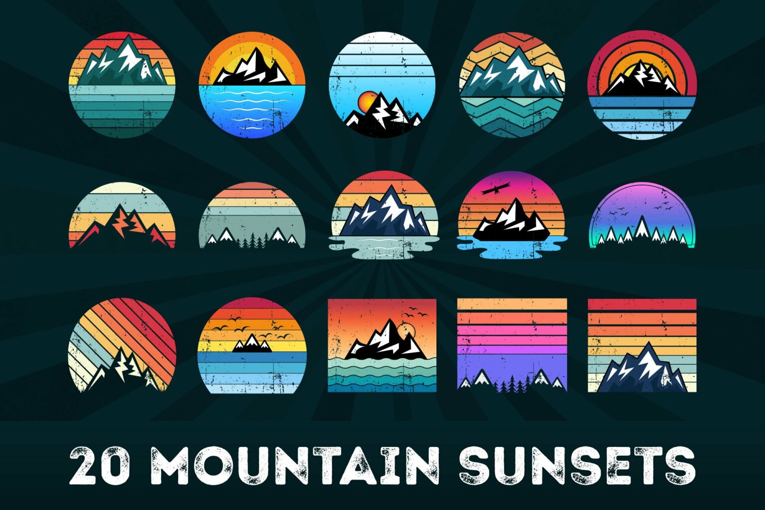 20 Retro Mountain Sunsets Bundle – MasterBundles