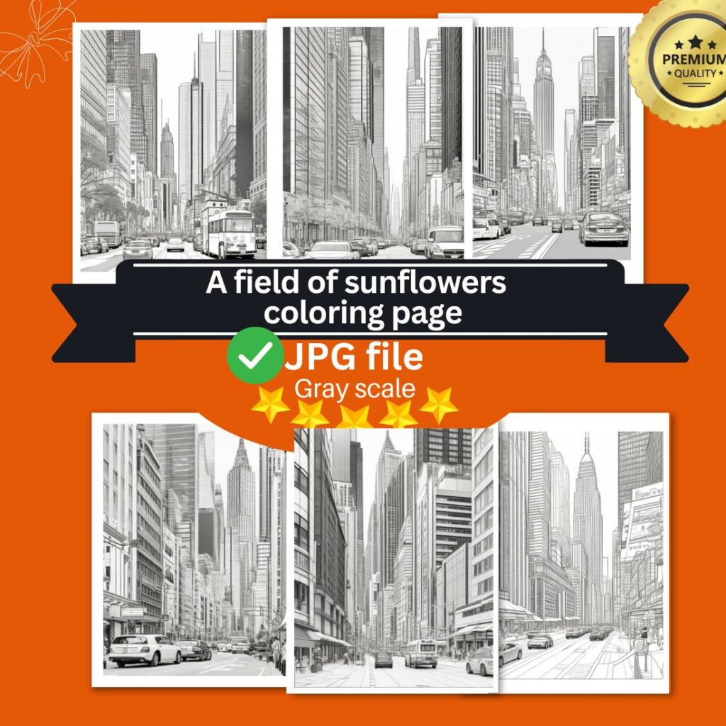 A cityscape with skyscrapers and a busy street scene coloring page 1 ...