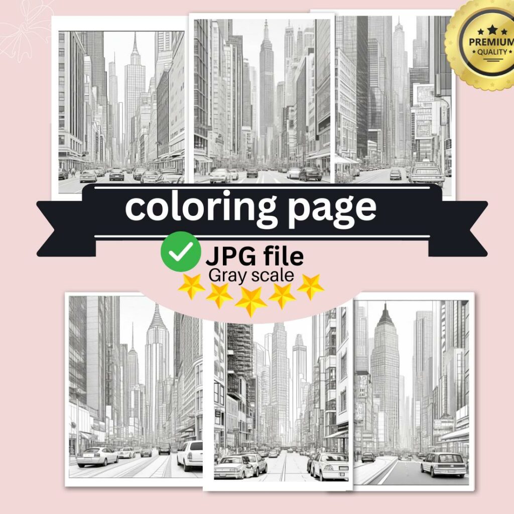 A cityscape with skyscrapers and a busy street scene coloring page 5 ...
