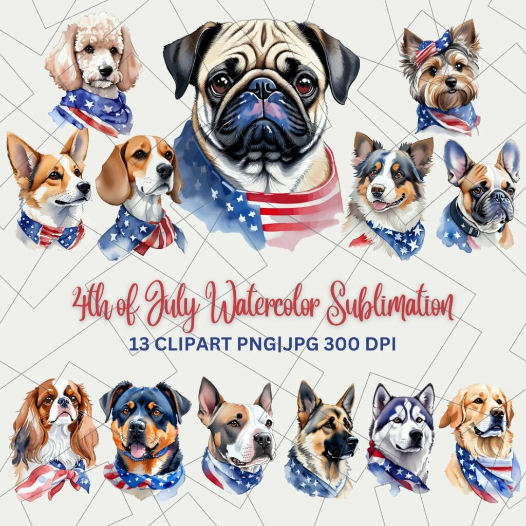4th of July Dogs Watercolor Sublimation - MasterBundles