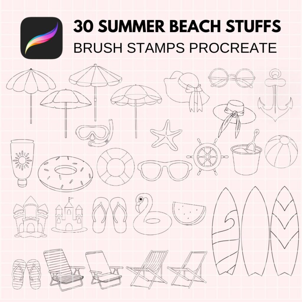 30 Summer Beach Stuff Procreate Stamps - MasterBundles