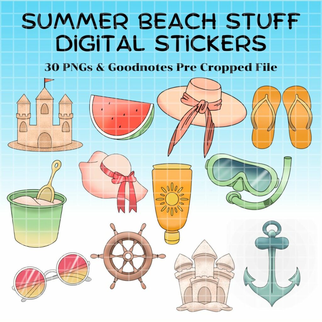 Summer Beach Stuff Digital Stickers - Goodnotes Pre Cropped file & PNG ...