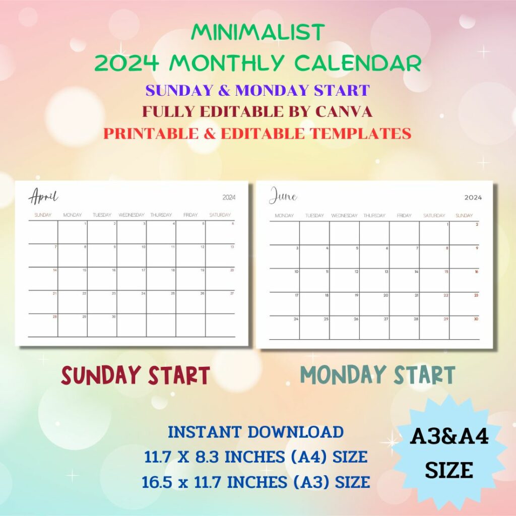2024 Minimal Monthly Calendar Editable & Printable A3 & A4 - MasterBundles