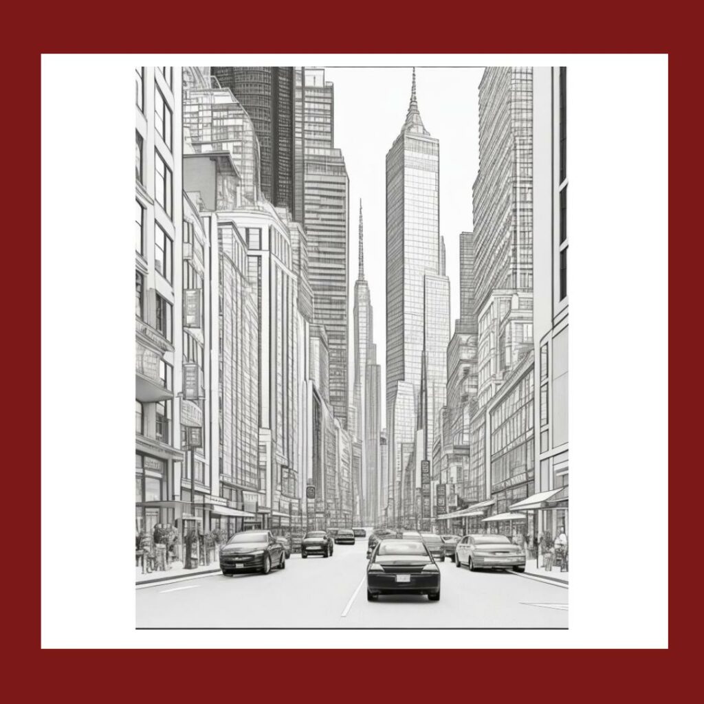 A cityscape with skyscrapers and a busy street scene coloring page 2 ...