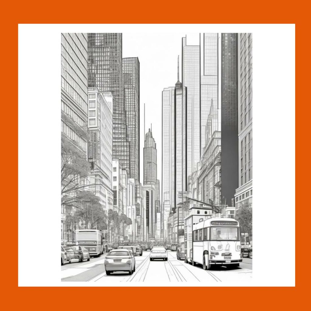 A cityscape with skyscrapers and a busy street scene coloring page 1 ...