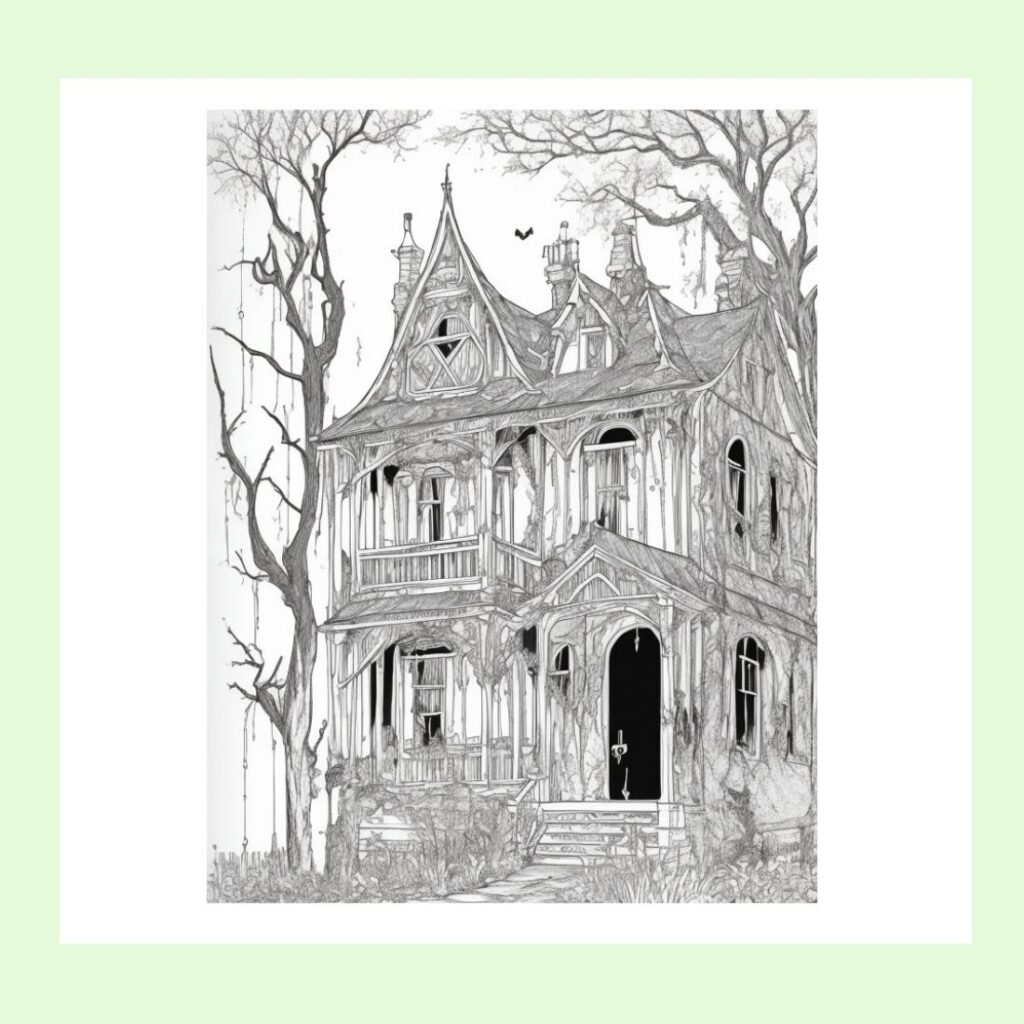 A haunted house with ghosts and cobwebs coloring page for adult ...