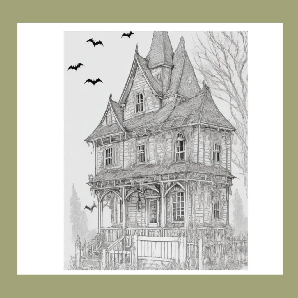 A haunted house with ghosts and cobwebs coloring page for adult 2 ...