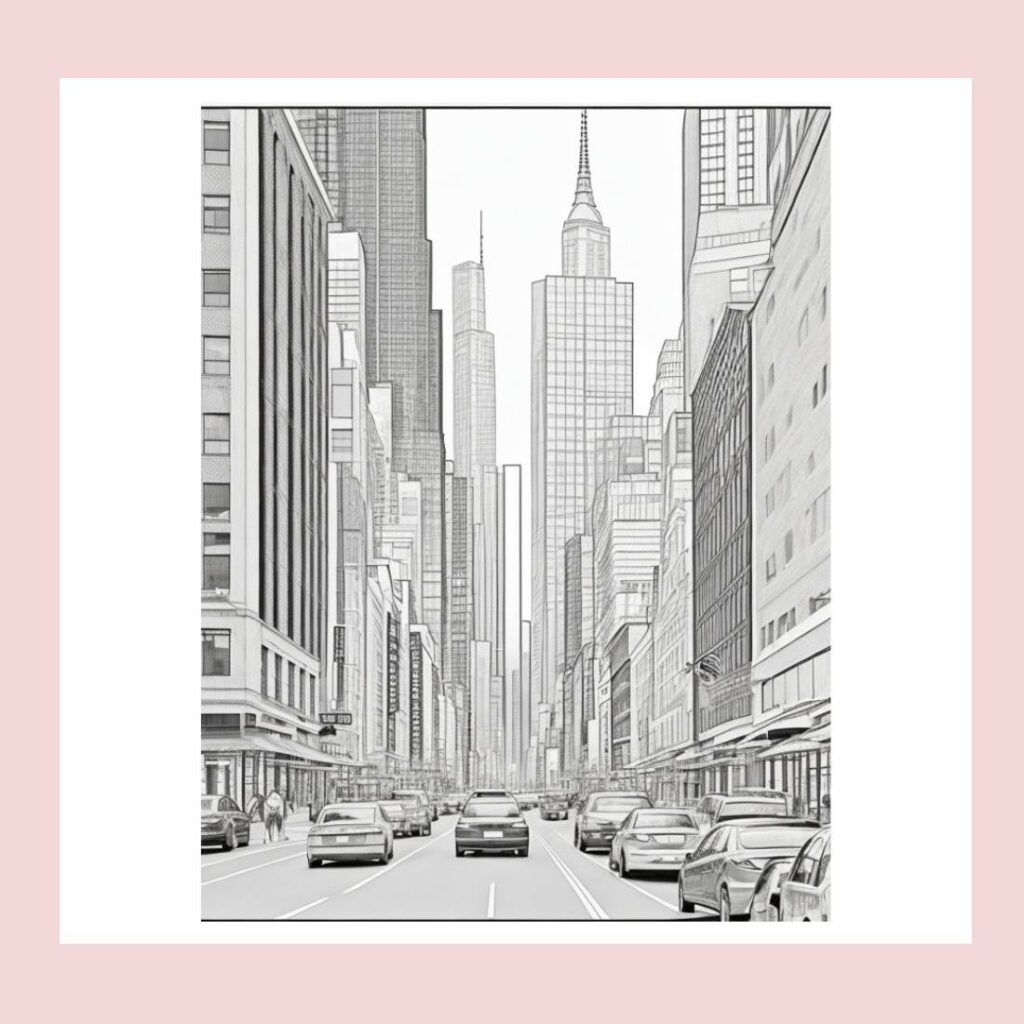 A cityscape with skyscrapers and a busy street scene coloring page 5 ...