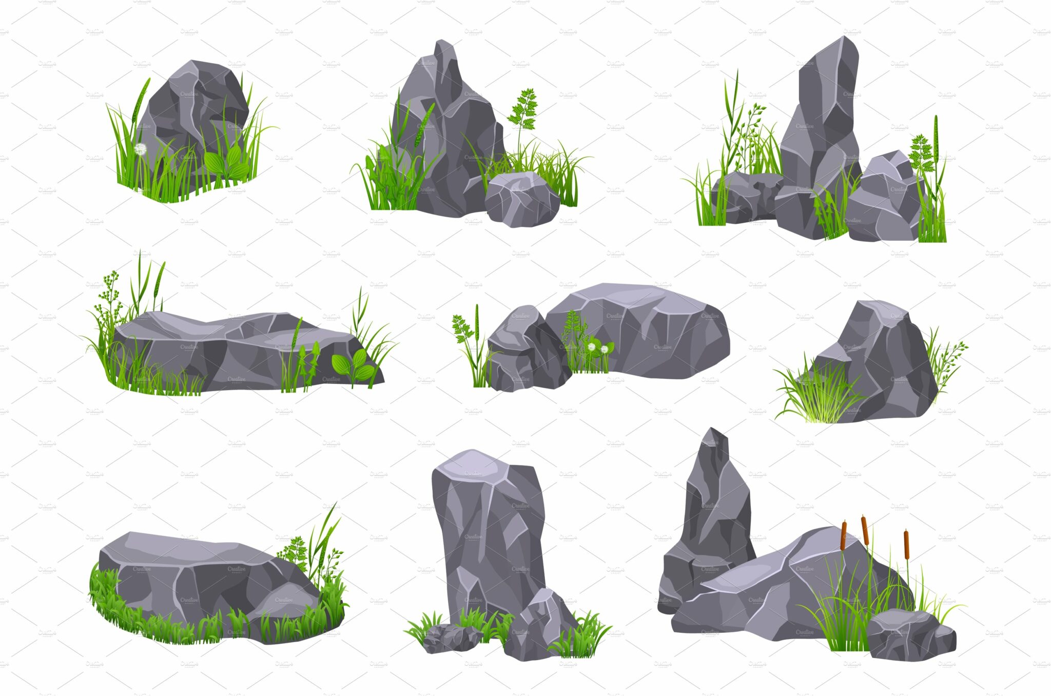 Stones in grass. 3d rocks, gravel – MasterBundles