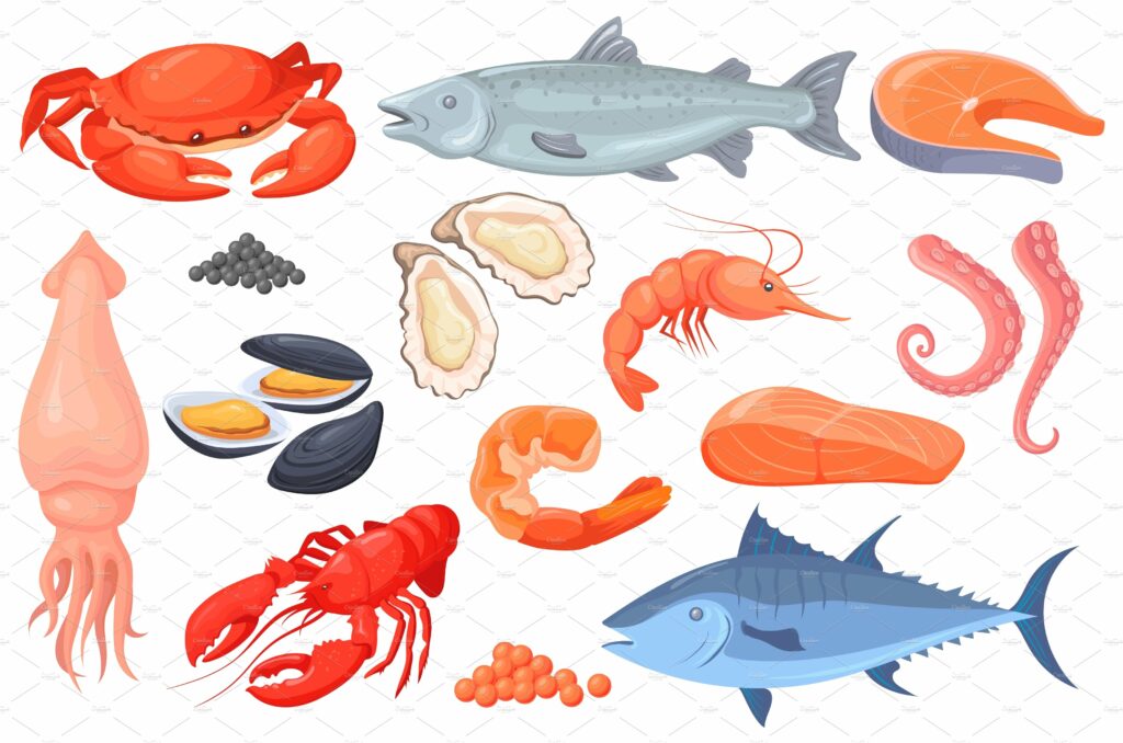 Cartoon raw seafood. Sea fish – MasterBundles