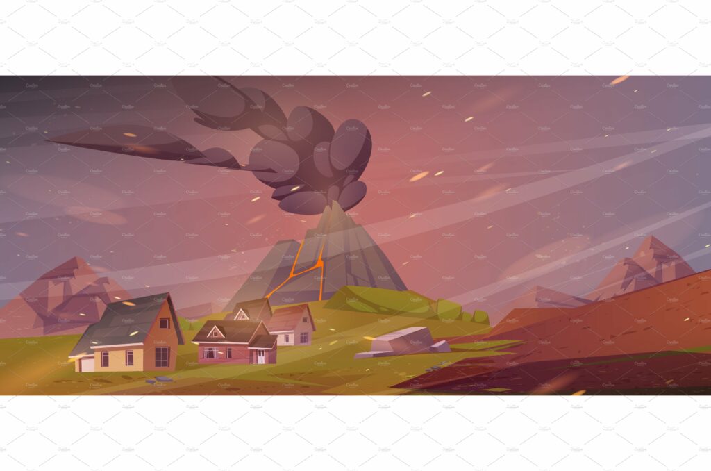 Volcano eruption scene with cottages – MasterBundles