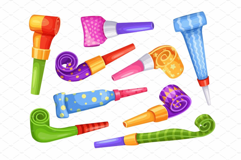 Cartoon party blowers. Tube horn – MasterBundles