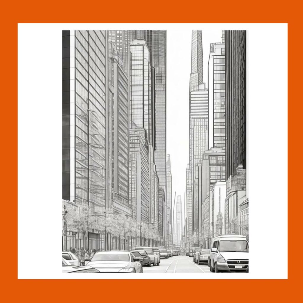 A cityscape with skyscrapers and a busy street scene coloring page 1 ...