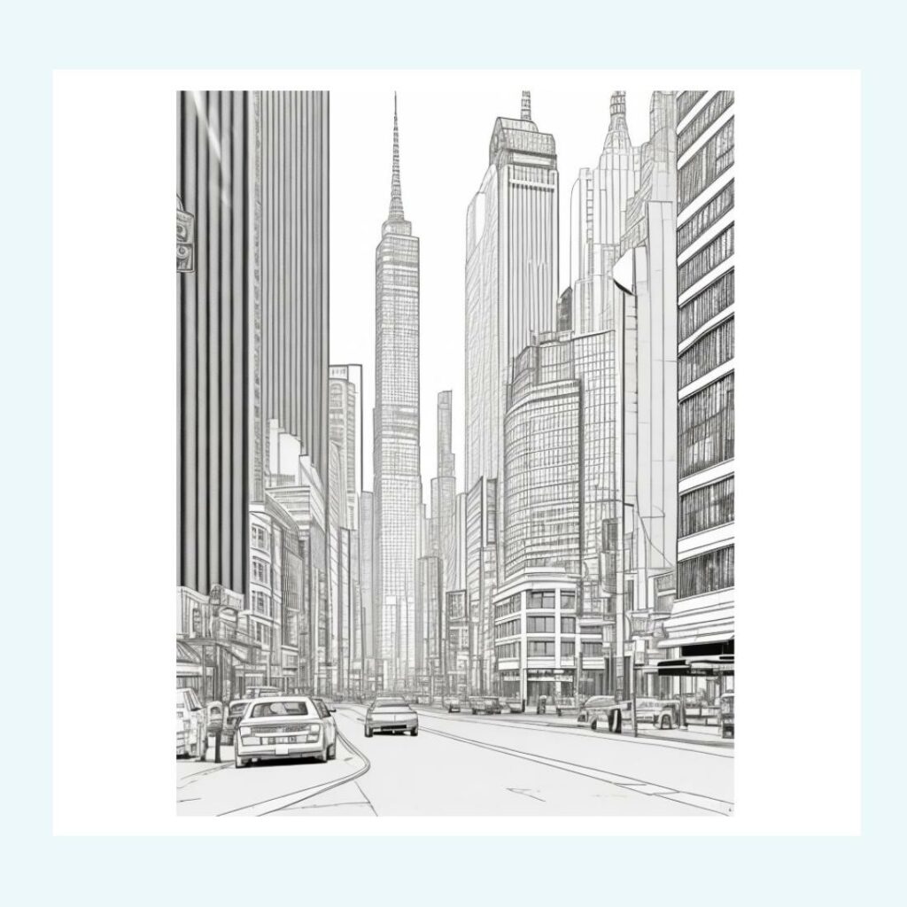 A cityscape with skyscrapers and a busy street scene coloring page 4 ...