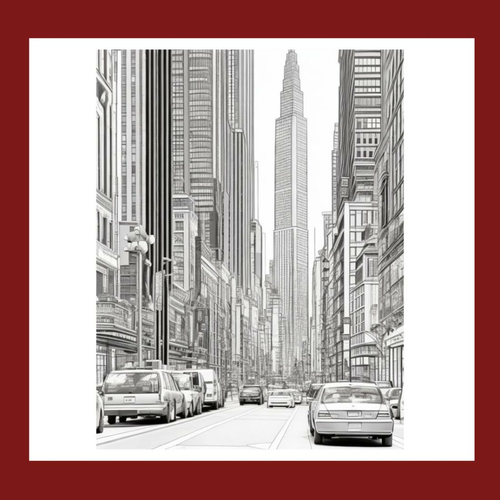 A cityscape with skyscrapers and a busy street scene coloring page 2 ...