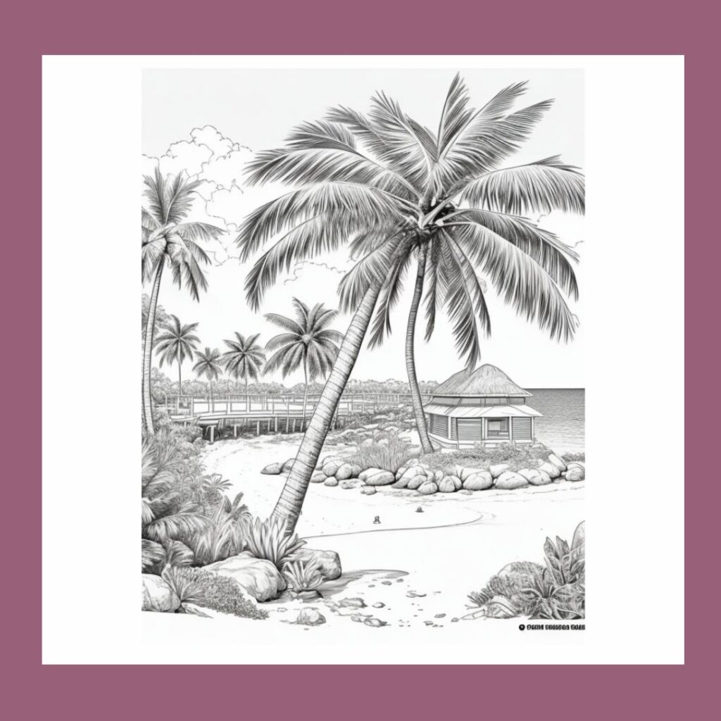 A tropical island with palm trees and a beach coloring page bundle ...