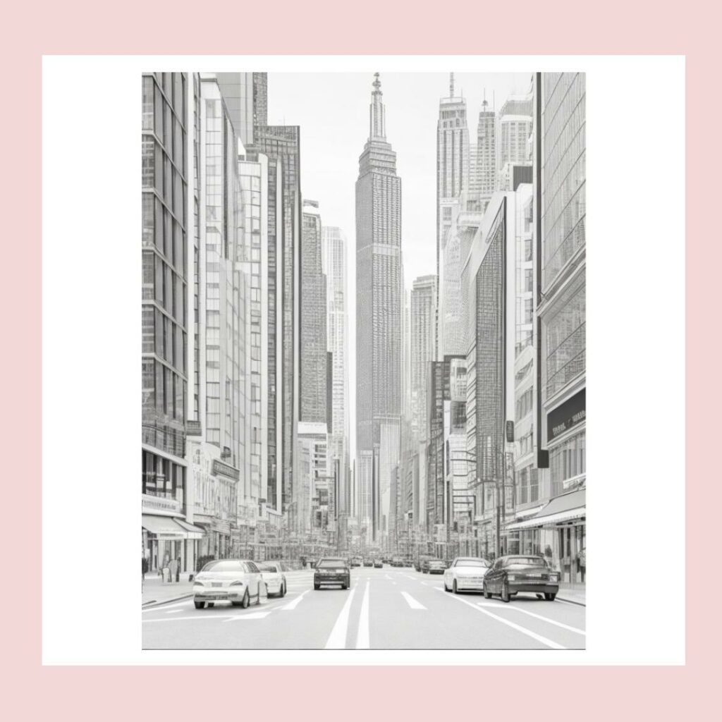 A cityscape with skyscrapers and a busy street scene coloring page 5 ...