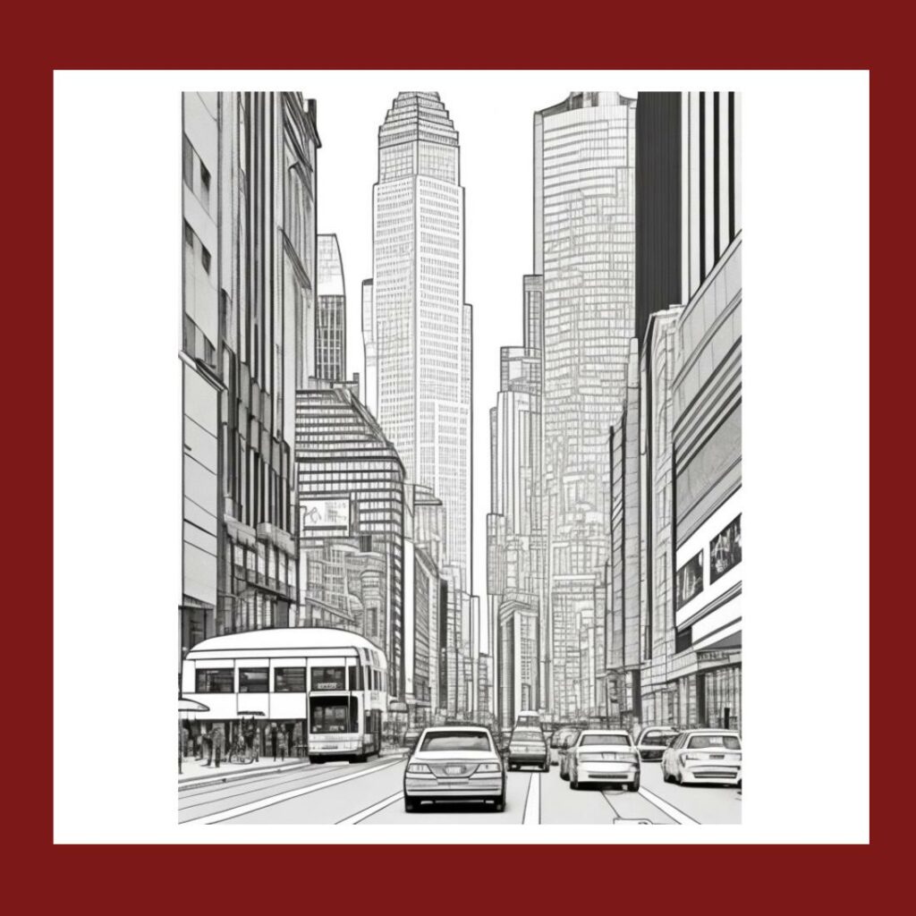 A cityscape with skyscrapers and a busy street scene coloring page 2 ...