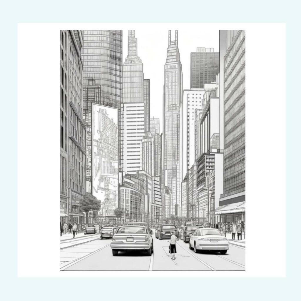 A cityscape with skyscrapers and a busy street scene coloring page 4 ...