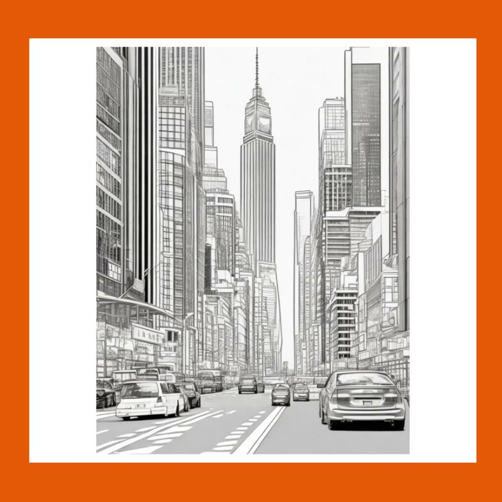 A cityscape with skyscrapers and a busy street scene coloring page 1 ...