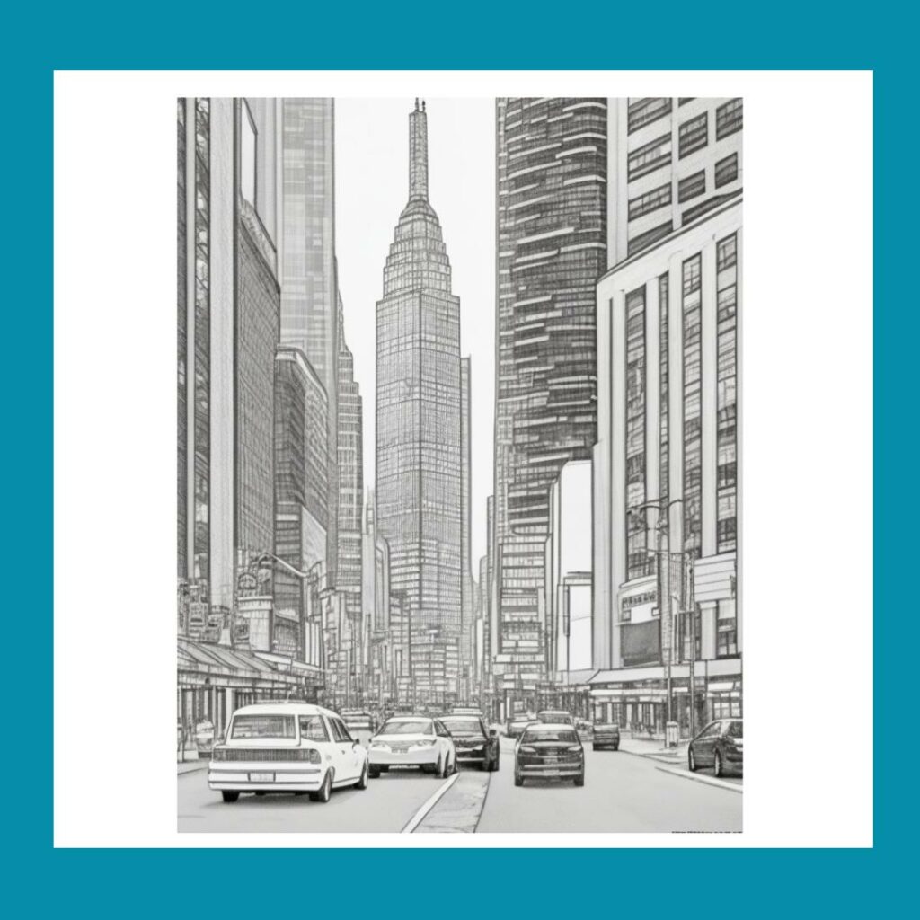 A cityscape with skyscrapers and a busy street scene coloring 3 ...
