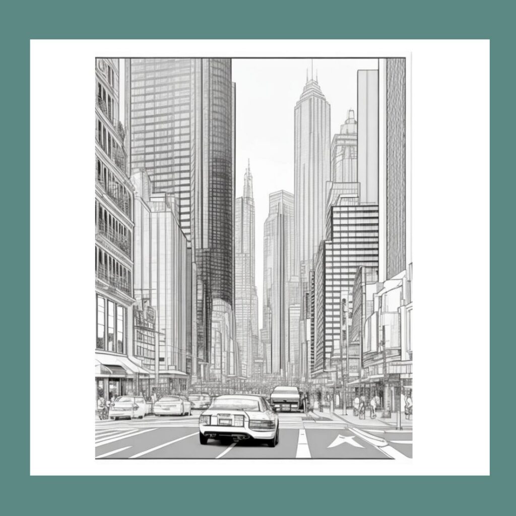A cityscape with skyscrapers and a busy street scene coloring page 6 ...