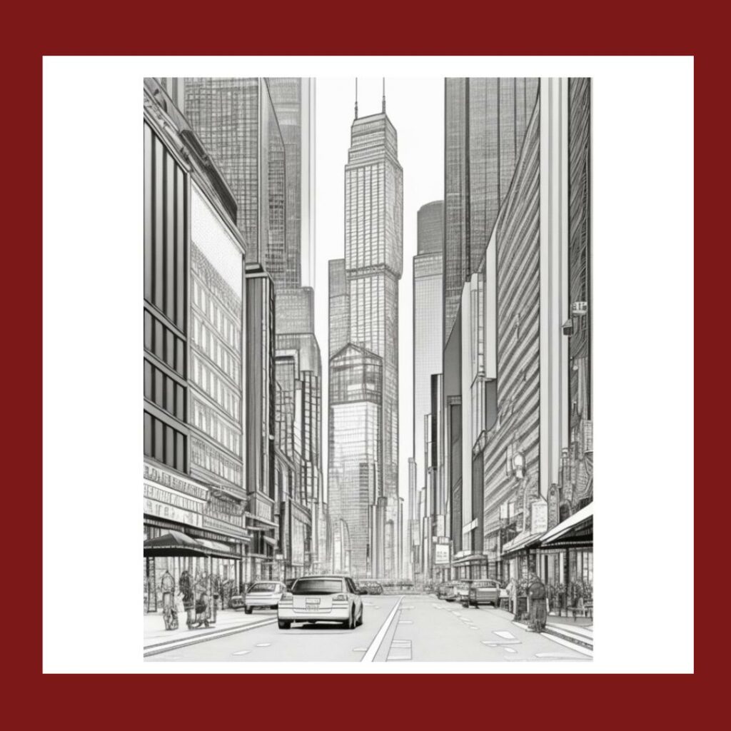 A cityscape with skyscrapers and a busy street scene coloring page 2 ...