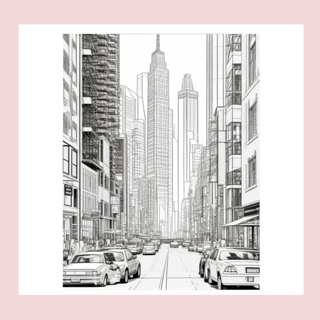 A cityscape with skyscrapers and a busy street scene coloring page 5 ...