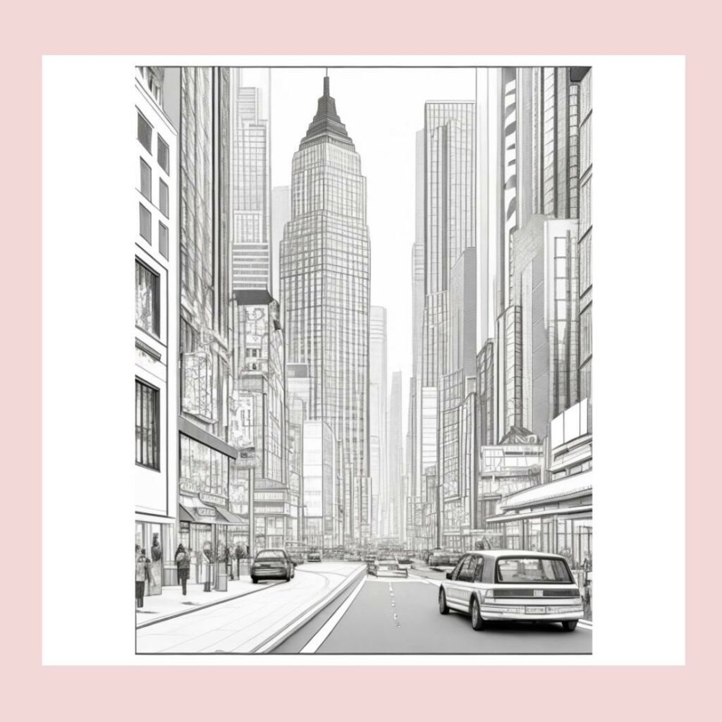 A cityscape with skyscrapers and a busy street scene coloring page 5 ...