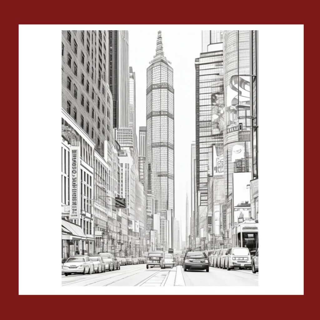 A cityscape with skyscrapers and a busy street scene coloring page 2 ...