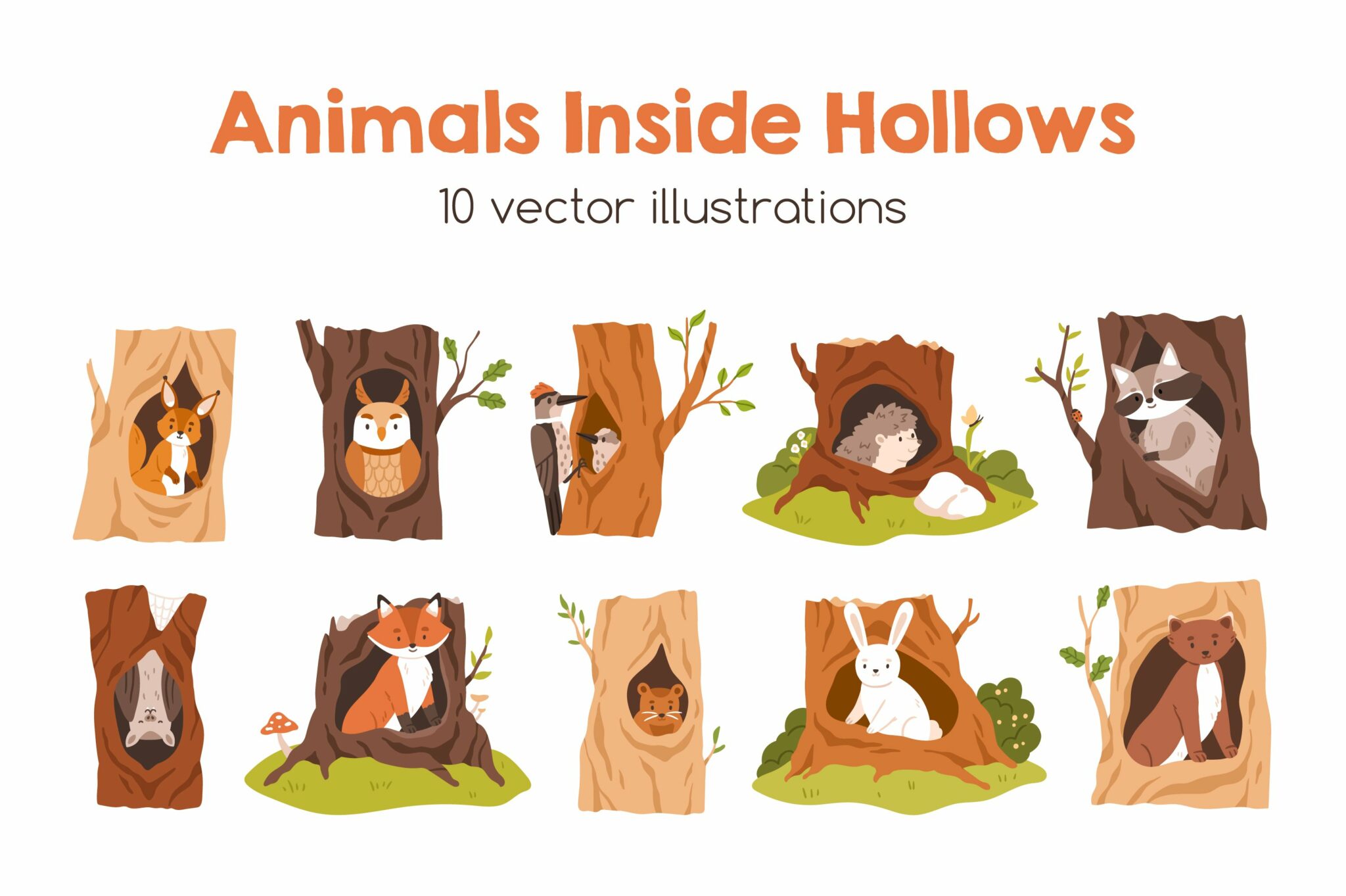 Cute animals, birds in hollows set – MasterBundles
