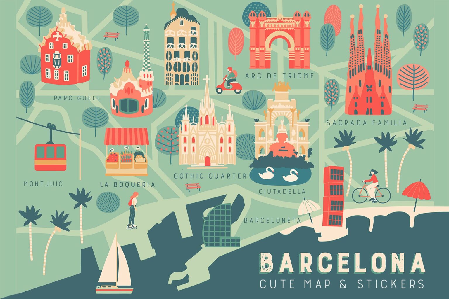 Barcelona. Cute map and stickers – MasterBundles