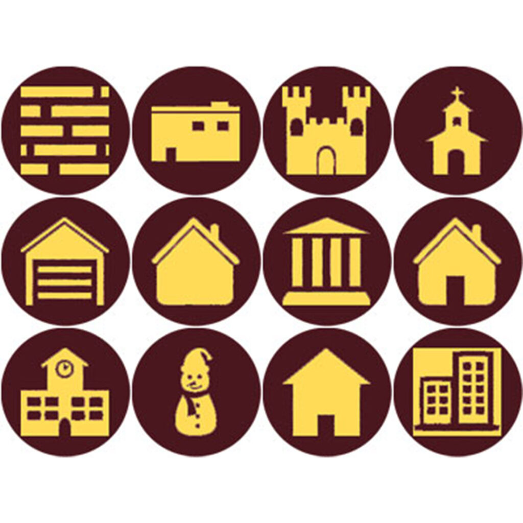 ELECTRIC PURPLE AND YELLOW BUILDING ICONS - MasterBundles