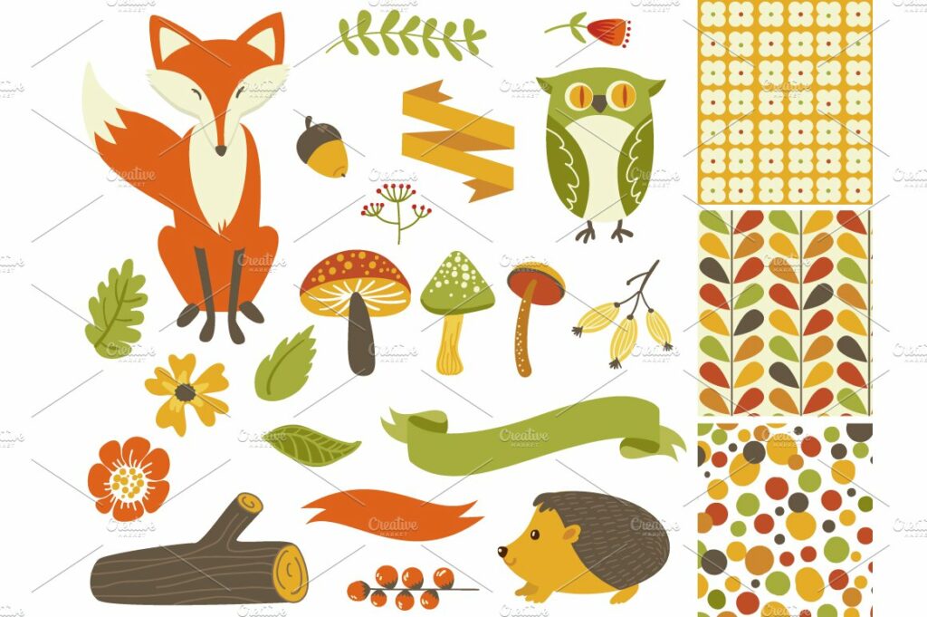 Woodland Fall Clip Art,Mushrooms,Fox – MasterBundles