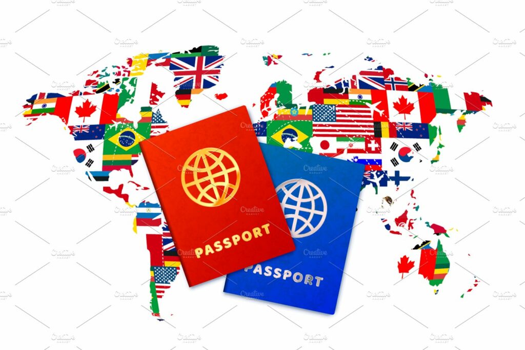 Passports on world map with flags – MasterBundles
