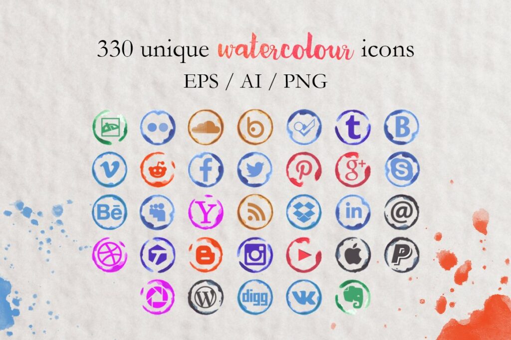 330 Watercolor Social media icons – MasterBundles
